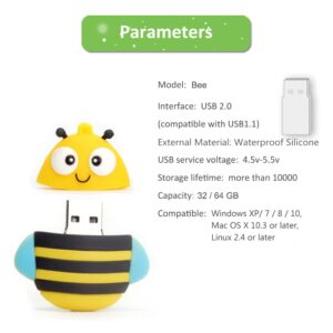 32GB USB Flash Drive Bee-Shaped, BorlterClamp Cute USB Drive Thumb Drive Memory Stick for External Data Storage