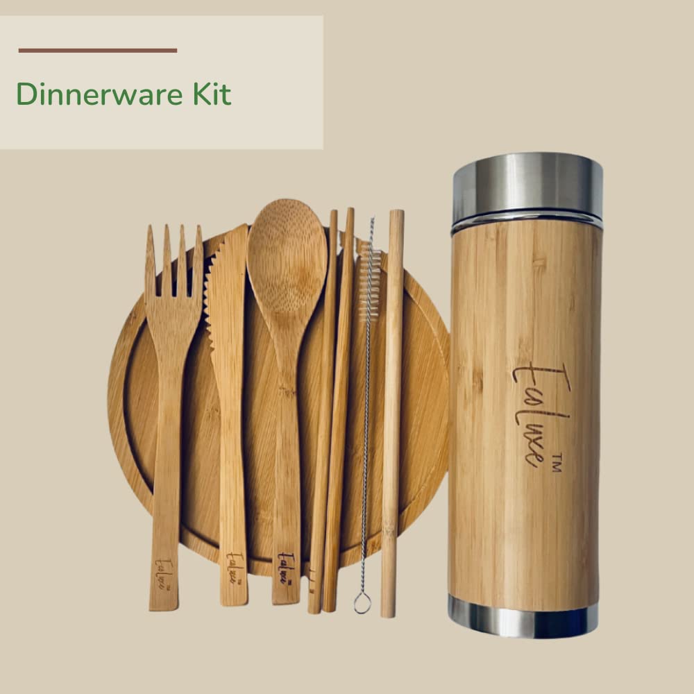 EcoLuxe Outdoor Camping Dinnerware Bundle, Tea Infused Tumbler, Plate, 6 Utensils with Case, Bamboo Toothbrush with Replaceable Bristle, Organic Floss, Comb, 12 Items