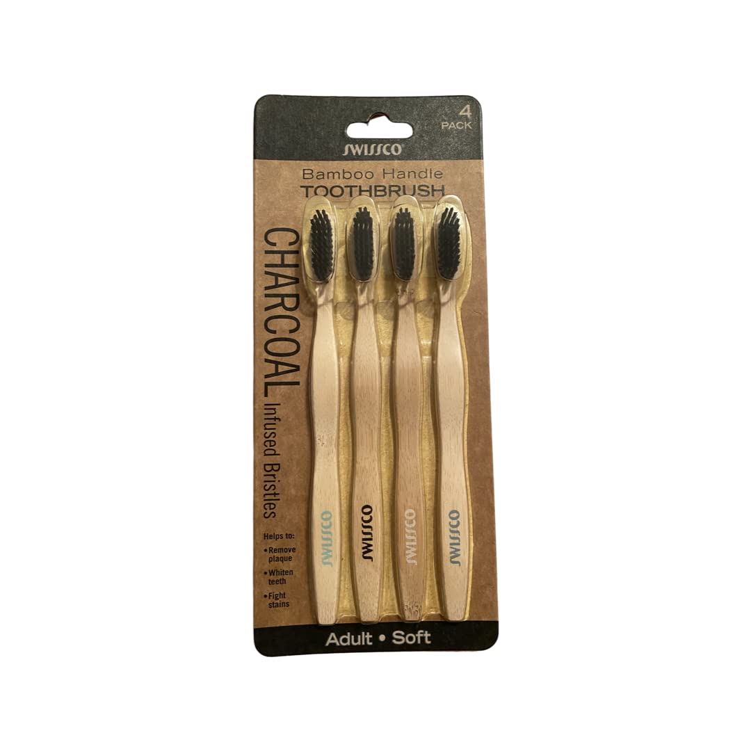 Swissco Bamboo Handle Toothbrush with Charcoal Infused Bristles 4 Pack