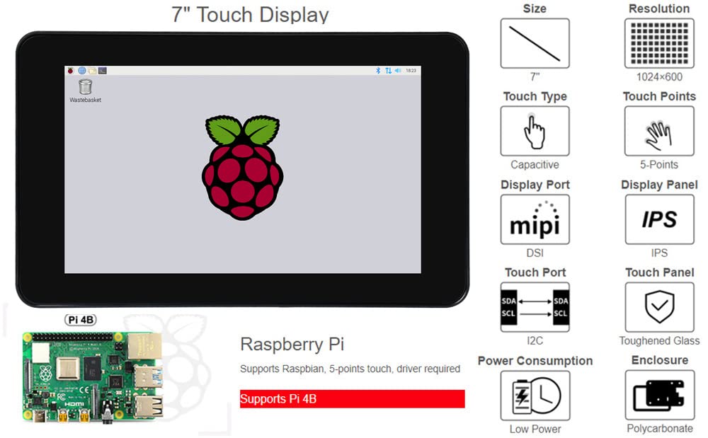 XYGStudy 7inch Capacitive Touch IPS Display Screen LCD for Raspberry Pi with Protection Case, DSI Interface Resolution 1024×600 Supports Raspberry Pi 4 Model B (7inch DSI LCD (C) (with case A))