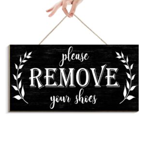 remove your shoes sign for the front door, wooden front door sign, small shoes off sign wall art decor, wood plaque wall hanging (black, 6" x 12")