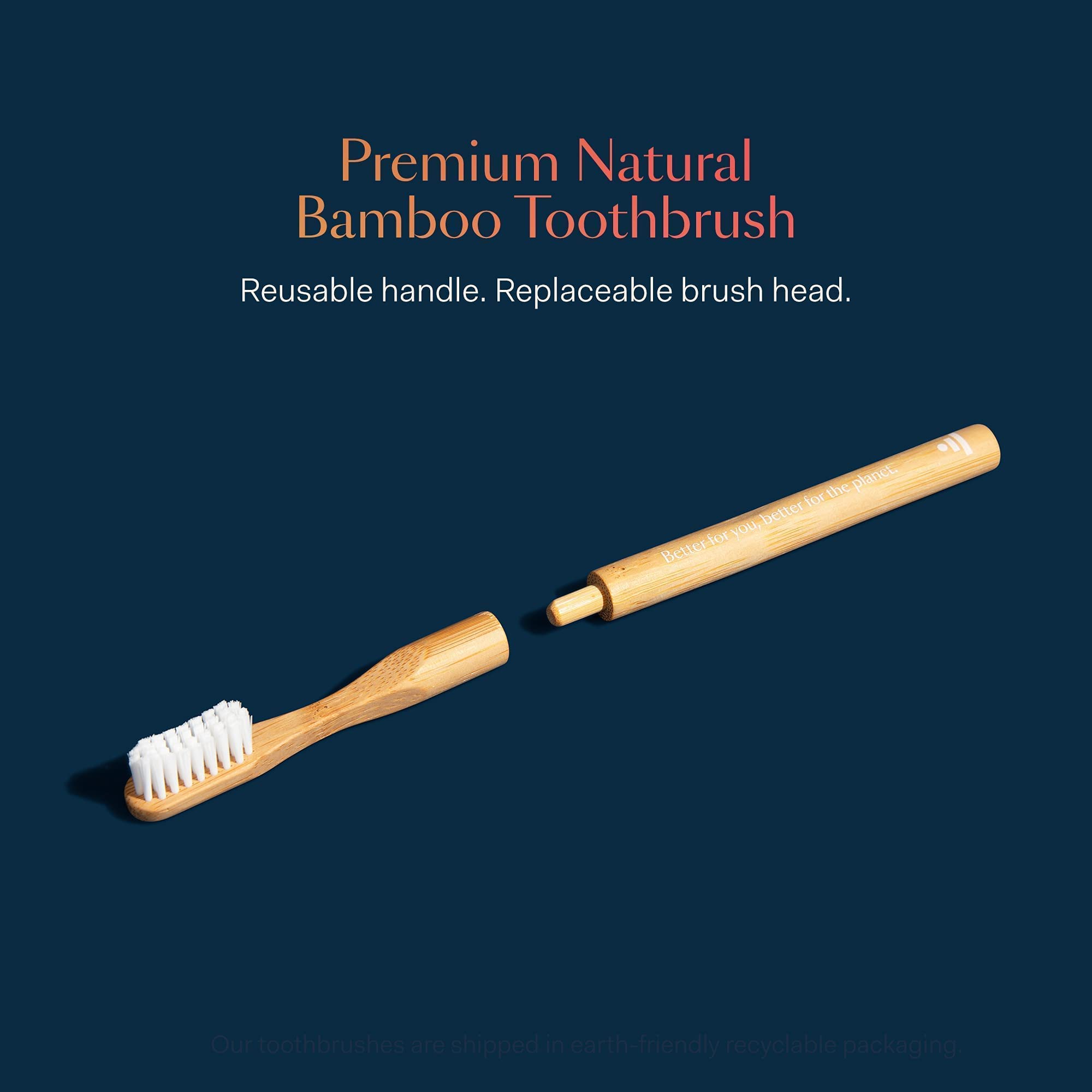 Better & Better Natural Bamboo Toothbrush and Extra Replaceable Brush Head | Soft Bristles | 100% Plant-Based | Eco-Friendly, Zero Plastic | Adult Size, Blue Toothbrush