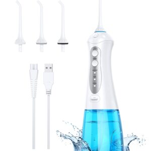 Water Flosser Cordless, Portable Teeth Cleaner with 3 Modes 4 Jets, 300ML Water Tank, IPX7 Waterproof, Powerful Cleaning, Rechargeable Dental Oral Irrigator for Travel Home Braces