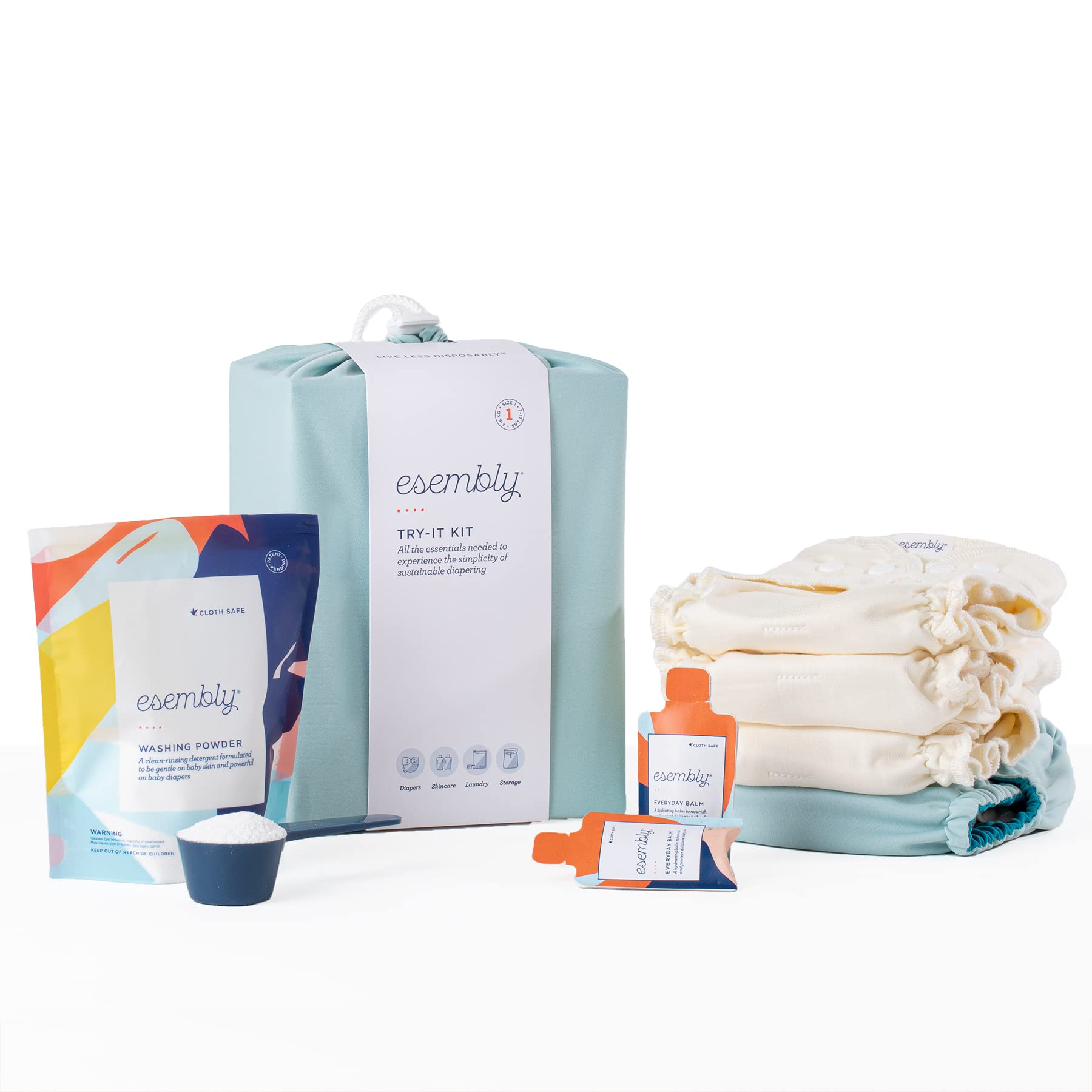 Esembly Cloth Diaper Try-It Kit (Size 1, Mist) and Esembly Wipe Up Wash Kit and 12pk Wipe Ups Bundle, Organic Cotton Reusable Diaper Wipes plus Organic No-Rinse Foaming Wipes Solution