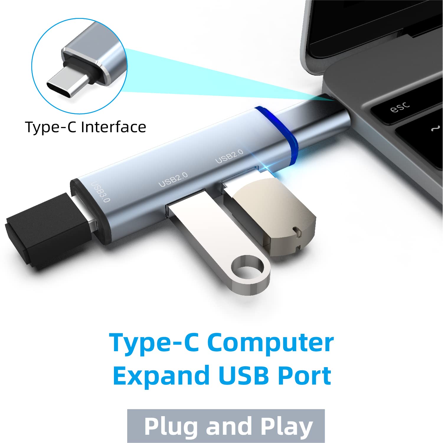 EBEETECH USB 3.0 Hub Splitter, 3-Port Data USB Hub Extender with USB C Adapter Applicable for iMac Pro, MacBook Air, Mac Mini/Pro, Surface Pro, Notebook PC, Laptop, USB Flash Drive, grey (106)