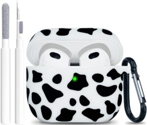 silicone cow airpods 3 case 2021, yomplow case cover for apple airpods 3rd generation floral print soft flexible cover for air pod 3 women girls, skin with keychain - black cow