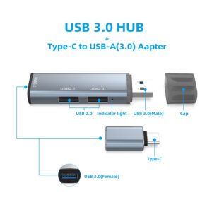 EBEETECH USB 3.0 Hub Splitter, 3-Port Data USB Hub Extender with USB C Adapter Applicable for iMac Pro, MacBook Air, Mac Mini/Pro, Surface Pro, Notebook PC, Laptop, USB Flash Drive, grey (106)