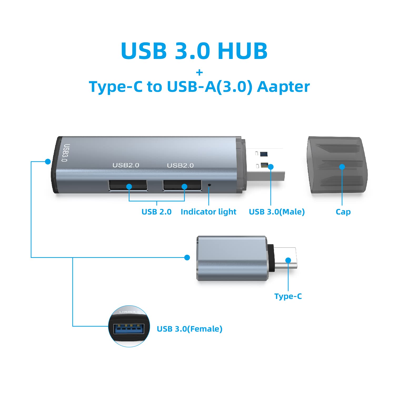 EBEETECH USB 3.0 Hub Splitter, 3-Port Data USB Hub Extender with USB C Adapter Applicable for iMac Pro, MacBook Air, Mac Mini/Pro, Surface Pro, Notebook PC, Laptop, USB Flash Drive, grey (106)