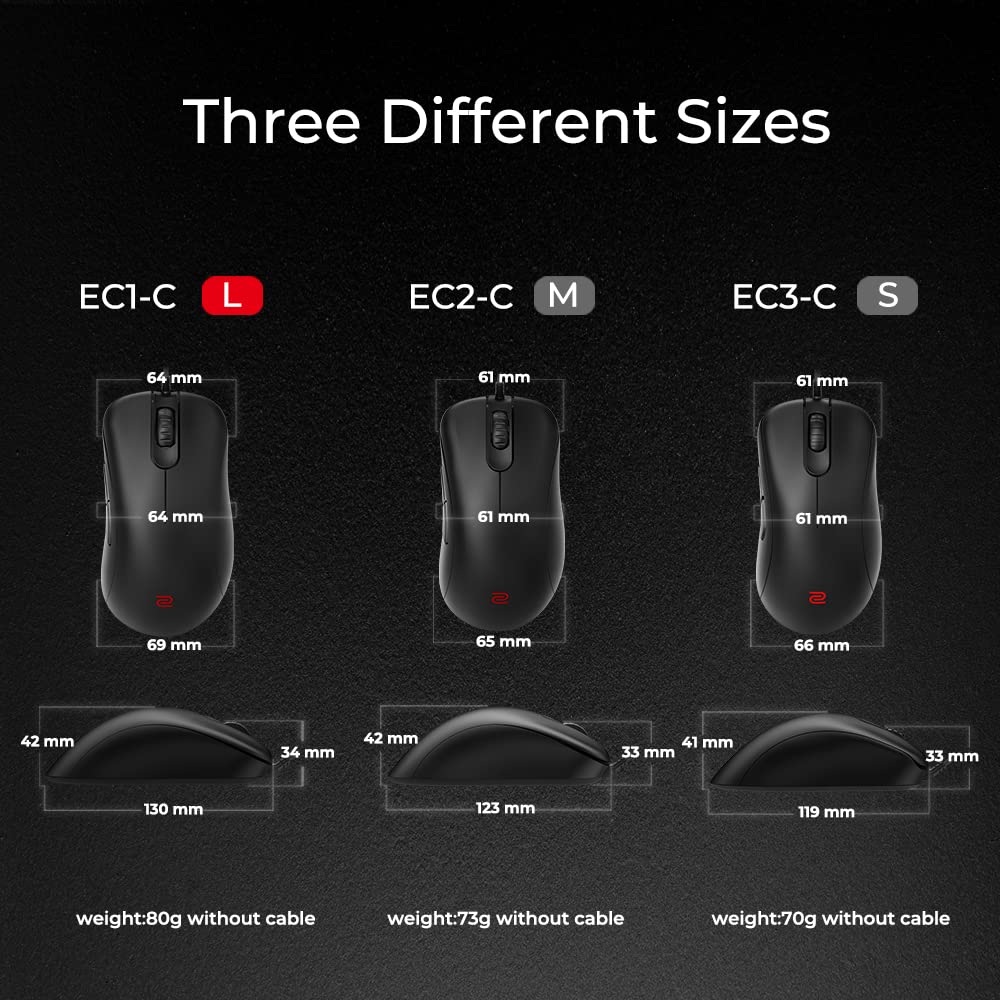 BenQ Zowie EC1-C Ergonomic Gaming Mouse | Professional Esports Performance | Lighter Weight | Driverless | Paracord Cable | 24-Step Scroll Wheel | Matte Black | Large Size