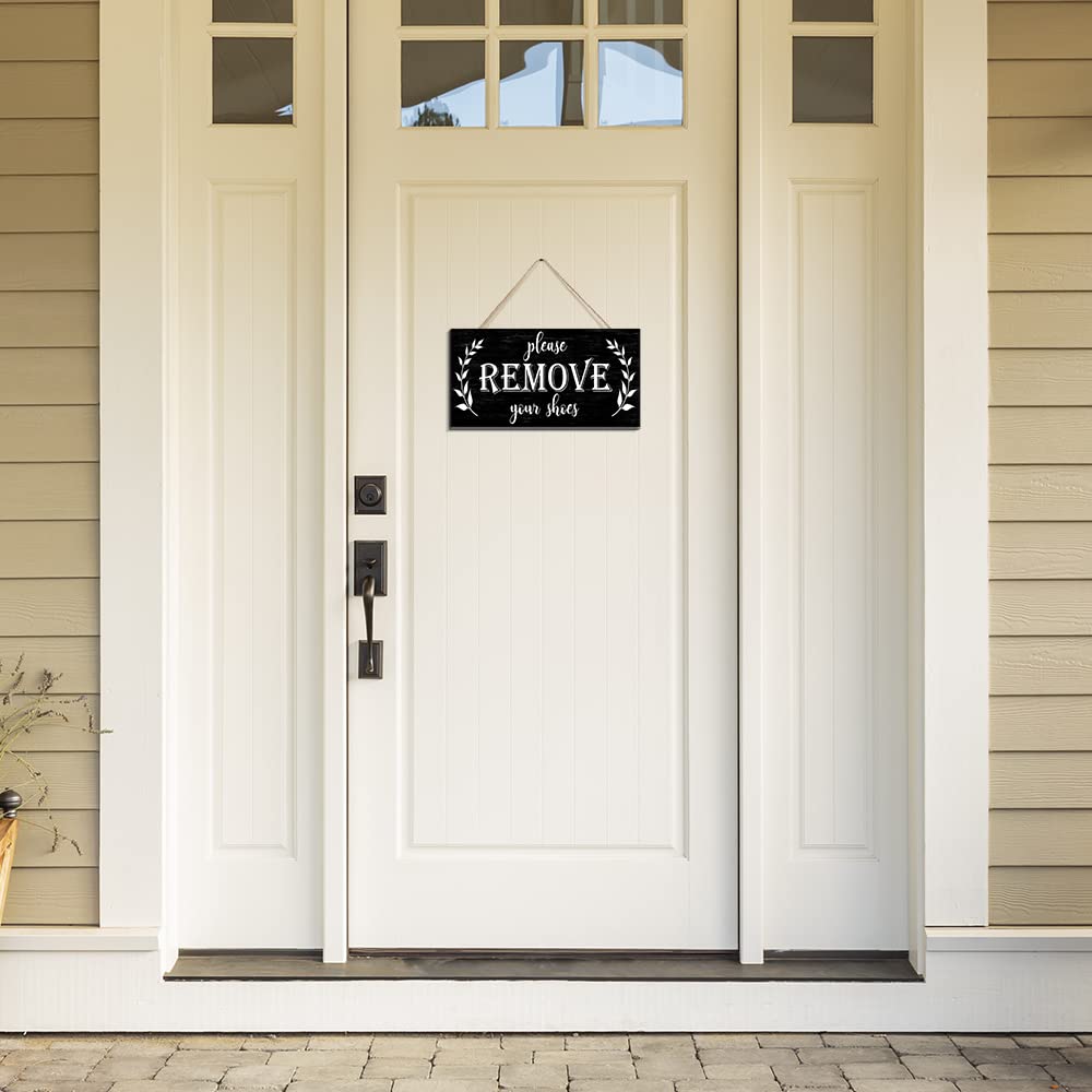 Remove Your Shoes Sign for the Front Door, Wooden Front Door Sign, Small Shoes Off Sign Wall Art Decor, Wood Plaque Wall Hanging (Black, 6" x 12")