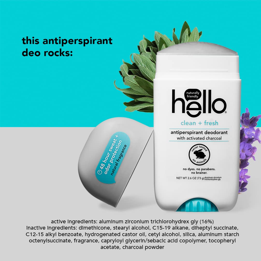 Hello Activated Charcoal Antiperspirant Deodorant for Women + Men, Natural Fragrance, Dermatologically tested, Baking Soda Free, Parabens Free, Dye Free, 48 Hour Sweat and Odor Protection, 2 Pack