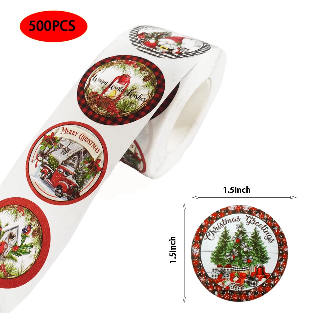 1.5" Merry Christmas Stickers Labels Roll 6 Designs Buffalo Plaid Sticker Labels Christmas Greeting Tree Gnome Xmas Decorative Envelope Seals Label Stickers for Cards Boxes,500 Labels Per Roll