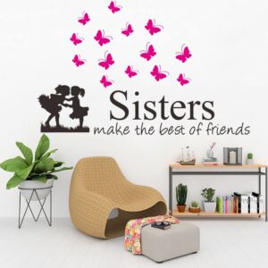 anfrjji sisters make the best friends wall decal with butterfly art for girls room - removable pvc vinyl sticker - effect 39x24 inch - sisterhood quote jwh174 (black+blush butterfly)