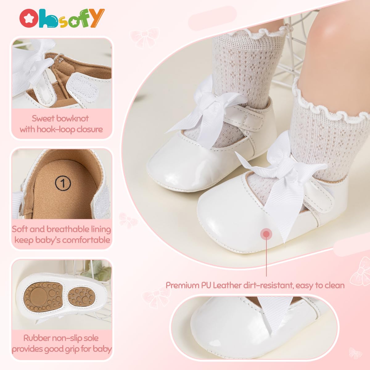 ohsofy Infant Baby Girls Mary Jane Flats Rubber Sole Non-Slip Bowknot Princess Wedding Dress Shoes Toddler Crib Shoes