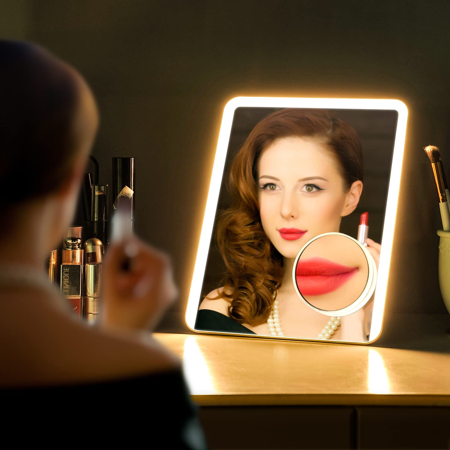 M MIVONDA Lighted Makeup Vanity Mirror with Dimmable 3 Color Lights, Rechargeable 2000mAh Batteries and Detachable 10X Mangifying Mirror, Large Lightweight Compact LED Travel Mirror (Silver)