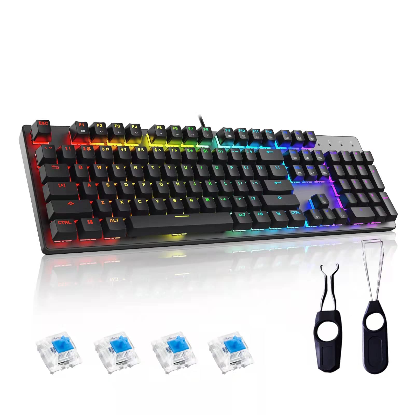 PC Gaming Keyboards RGB Backlit Mechanical Keyboard ABS keycap Programmable Macro Detachable USB Wired Keyboard for Windows PC（104 Keys Blue Switch