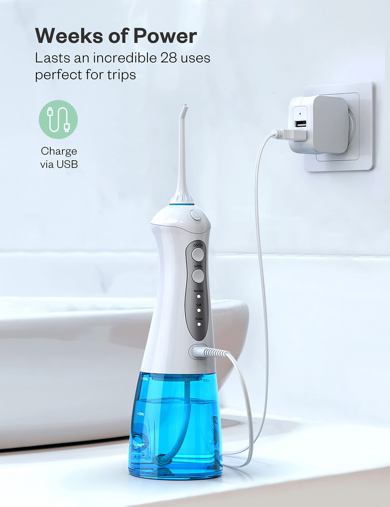 Water Flosser Cordless, Portable Teeth Cleaner with 3 Modes 4 Jets, 300ML Water Tank, IPX7 Waterproof, Powerful Cleaning, Rechargeable Dental Oral Irrigator for Travel Home Braces