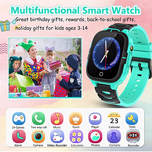 Kids Smart Watch Boys Girls- Kids Smartwatch with Call Dual Cameras 16 games Video Recorder Music Alarm Stopwatch Flashlight 12/24 hr,Touch Screen Smart Watch for Kids Age 3-14 Birthday Gift (Green)