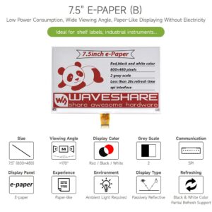 Waveshare 7.5inch E-Paper E-Ink Raw Display Compatible with Raspberry Pi 4B/3B+/3B/2B/B+/A+/Zero/Zero W/WH/Zero 2W Series Boards 800×480 Pixels Three-Color with SPI Interface Without PCB