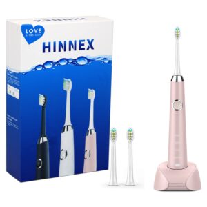 hinnex sonic electric toothbrush h3 series rechargeable power 4 modes with smart timer for tooth and gum care, 1 holder and 2 replacement brush heads, oral care whitening (pink)