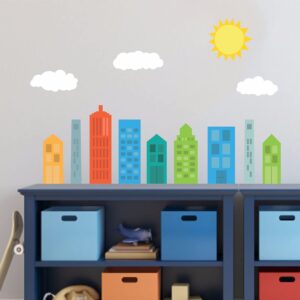 Wallency City Wall Decal - Fabric Wall Decal - Colorful Skyscraper Buildings, Clouds and Sun Wall Stickers for Kids Room, Nordic Nursery - Peel and Stick, Removable Wall Stickers (Small)