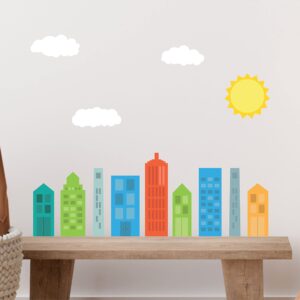 wallency city wall decal - fabric wall decal - colorful skyscraper buildings, clouds and sun wall stickers for kids room, nordic nursery - peel and stick, removable wall stickers (small)