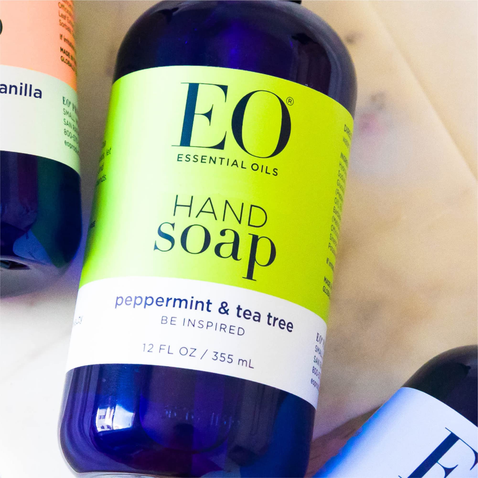 EO Liquid Hand Soap, 12 Ounce (Pack of 3), Peppermint and Tea Tree, Organic Plant-Based Gentle Cleanser with Pure Essential Oils