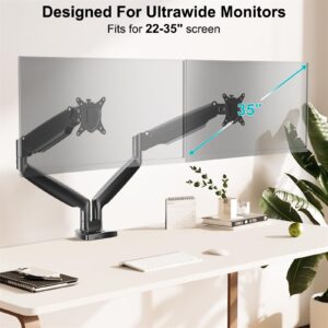 MOUNT PRO Dual Monitor Desk Mount fits 22” to 35” Ultrawide Computer Screen, Holds up to 26.4lbs Each, Fully Adjustable Long Monitor Arm for Two Monitors, Gas Spring Monitor Stand, 100x100 VESA Mount