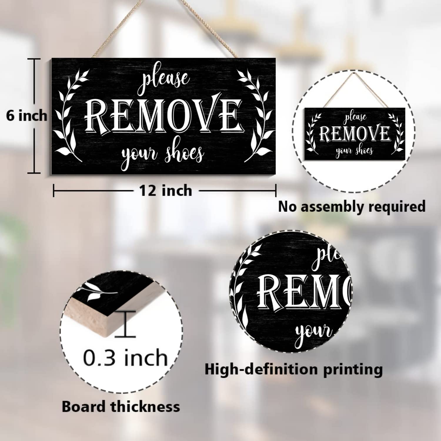 Remove Your Shoes Sign for the Front Door, Wooden Front Door Sign, Small Shoes Off Sign Wall Art Decor, Wood Plaque Wall Hanging (Black, 6" x 12")