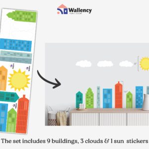 Wallency City Wall Decal - Fabric Wall Decal - Colorful Skyscraper Buildings, Clouds and Sun Wall Stickers for Kids Room, Nordic Nursery - Peel and Stick, Removable Wall Stickers (Small)