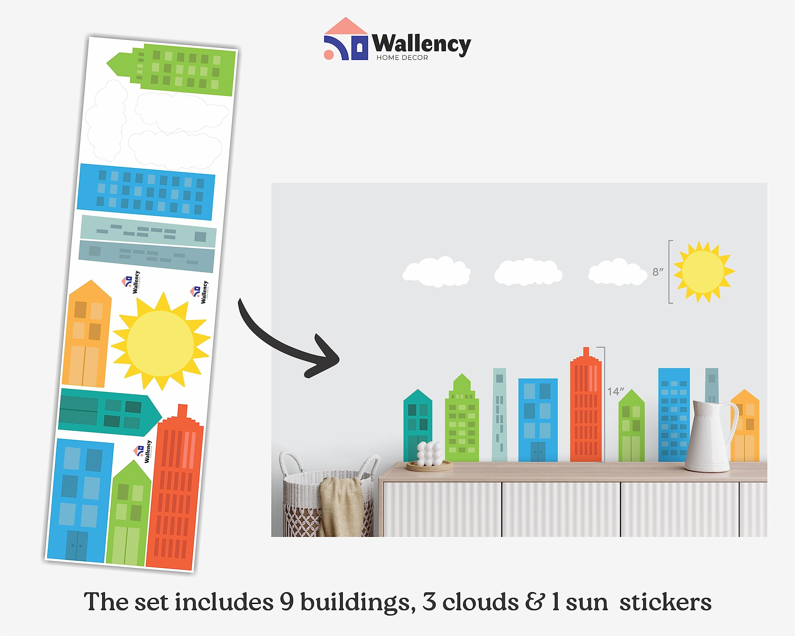 Wallency City Wall Decal - Fabric Wall Decal - Colorful Skyscraper Buildings, Clouds and Sun Wall Stickers for Kids Room, Nordic Nursery - Peel and Stick, Removable Wall Stickers (Small)