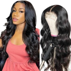 180% high density hd transparent body wave lace front wigs 4x4 brazilian virgin human hair pre plucked with baby hair glueless lace closure wigs for women (24inch,natural black)