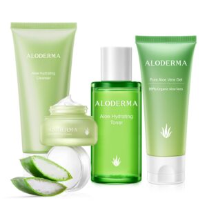 aloderma essential aloe hydrating skin care set - 4 pieces - gel, cleanser, toner, cream