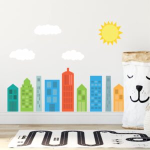 Wallency City Wall Decal - Fabric Wall Decal - Colorful Skyscraper Buildings, Clouds and Sun Wall Stickers for Kids Room, Nordic Nursery - Peel and Stick, Removable Wall Stickers (Small)