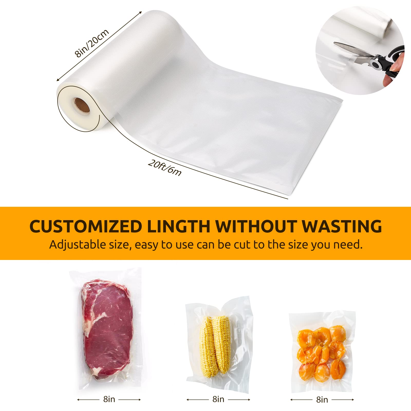 2 Rolls Vacuum Sealer Bags 8" x 20', Commercial Customized Size Food Saver Bag Rolls for food Storage, Meal Prep or Sous Vide, Heavy Duty Storage Bag