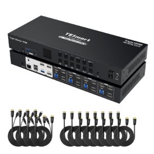 tesmart usb 3.0 hdmi kvm switch 3 monitors 4 computers 4k@60hz, headset, audio&microphone, edid emulators, hotkey switch, wired network, rack-ears, 4 port triple monitor kvm switch with all cables