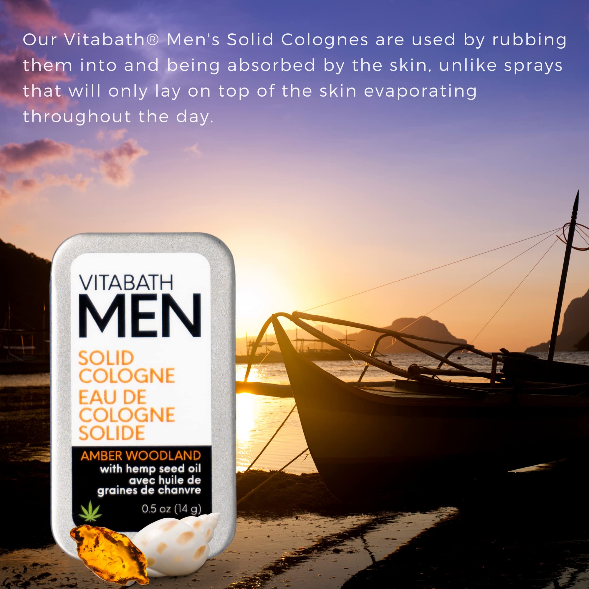 Vitabath Men's Solid Cologne Invigorating Crisp Cool Water & White Woods All Over Lasting Amber & Woodland Fragrance with Skin-Loving Natural Beeswax & Hemp - 0.5 oz