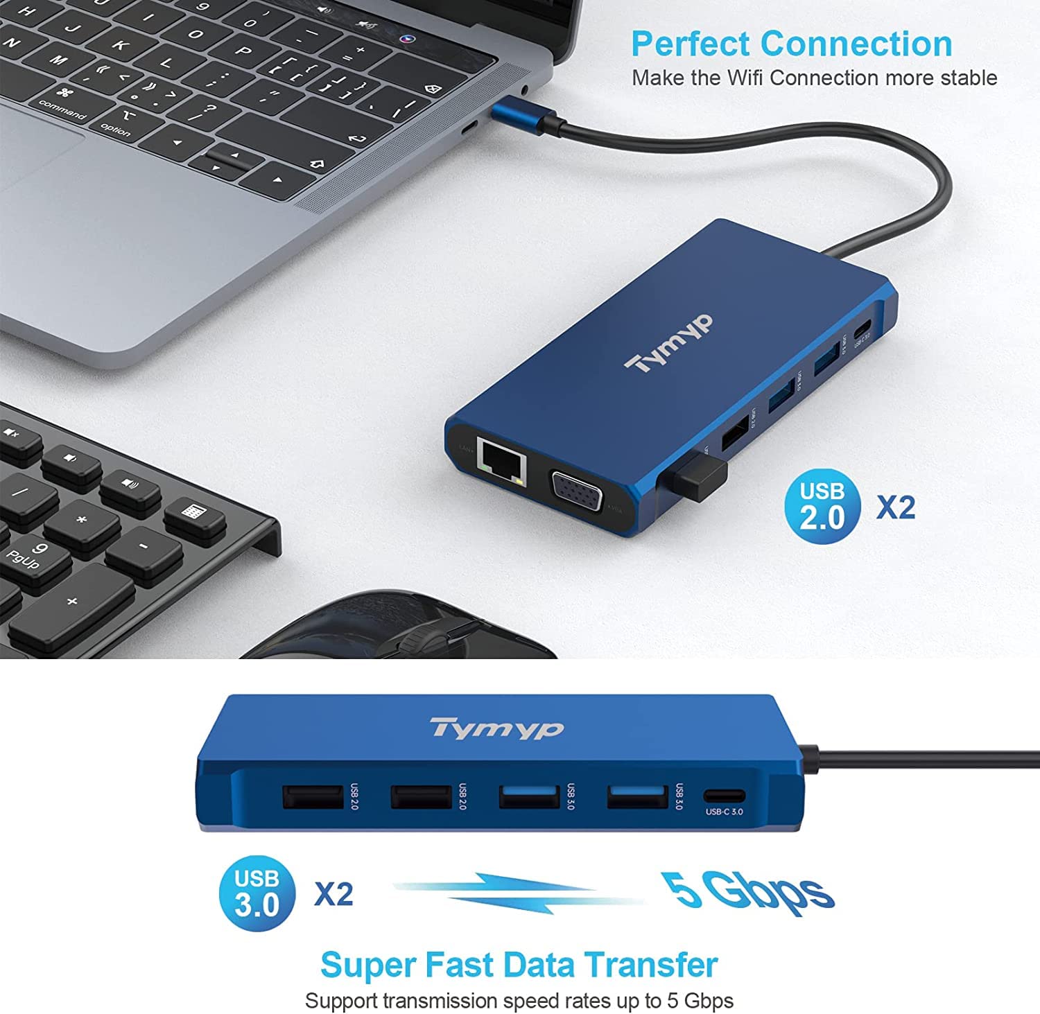 USB C Docking Station, Tymyp 12 in 1 Triple Display USB C Hub Adapter with Dual 4K HDMI & VGA, 2 x USB 3.0 & 2.0, USB-C 3.0, Gigabit Ethernet LAN, Type C PD, SD/TF Card Reader