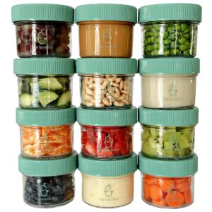 baby food storage jars w/lids (4/8oz, 12 pack) - reusable glass baby food jars with lids - puree, snack, or breast milk storage containers - baby essentials must have - freezer & microwave safe