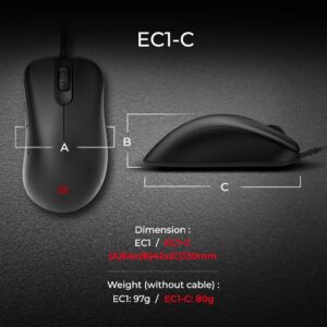 BenQ Zowie EC1-C Ergonomic Gaming Mouse | Professional Esports Performance | Lighter Weight | Driverless | Paracord Cable | 24-Step Scroll Wheel | Matte Black | Large Size