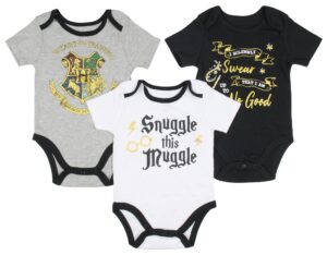 harry potter infant baby boys hogwarts muggle solemnly swear one piece pajama romper 3 pack (24 months)