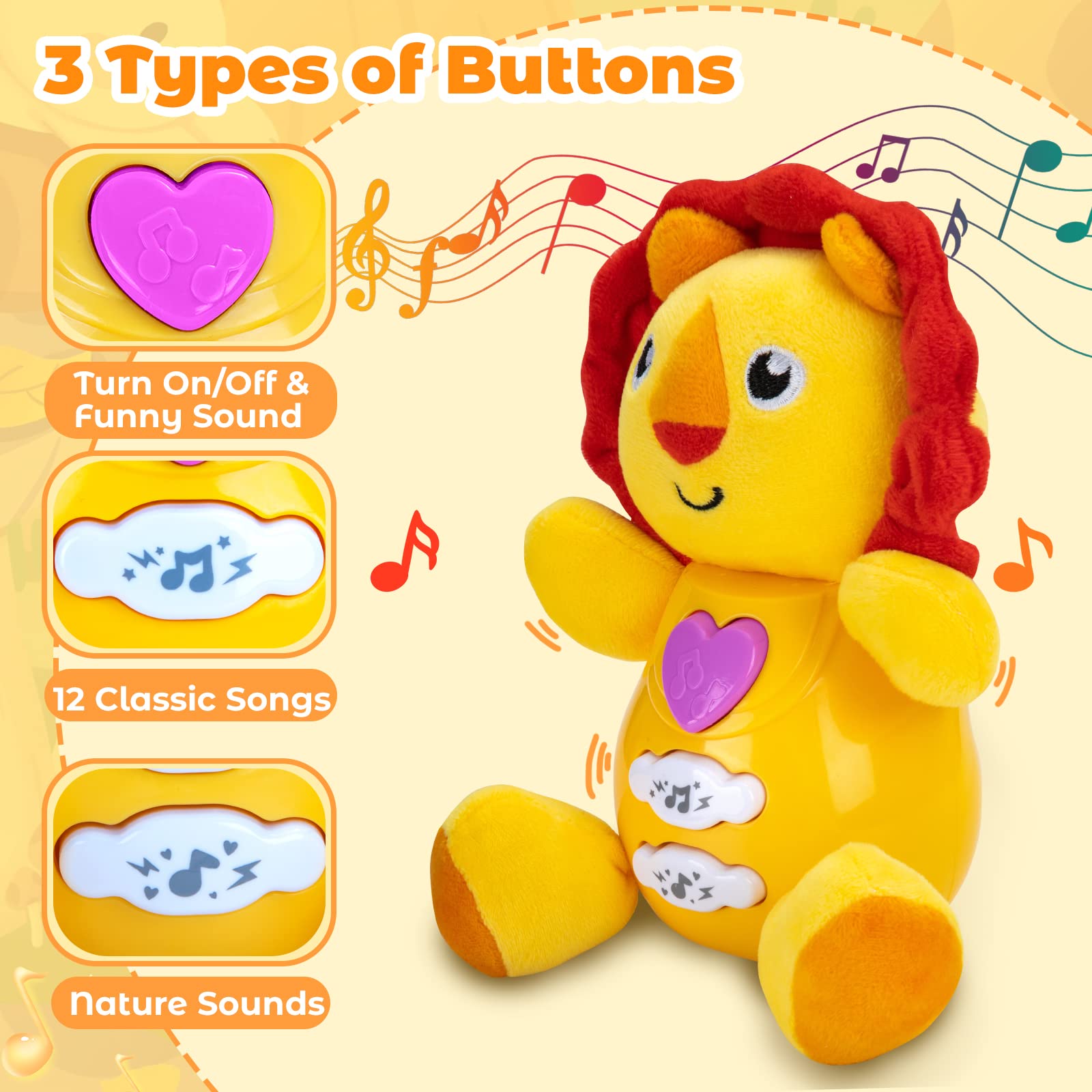 Funsland Baby Music Toy for Toddlers 1-3 Learning Toy with Lights & Music Cute Lion Plush Baby Toy