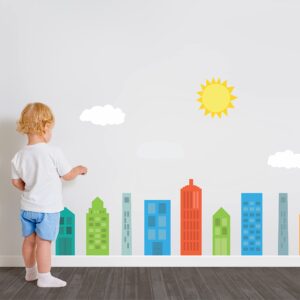 Wallency City Wall Decal - Fabric Wall Decal - Colorful Skyscraper Buildings, Clouds and Sun Wall Stickers for Kids Room, Nordic Nursery - Peel and Stick, Removable Wall Stickers (Small)