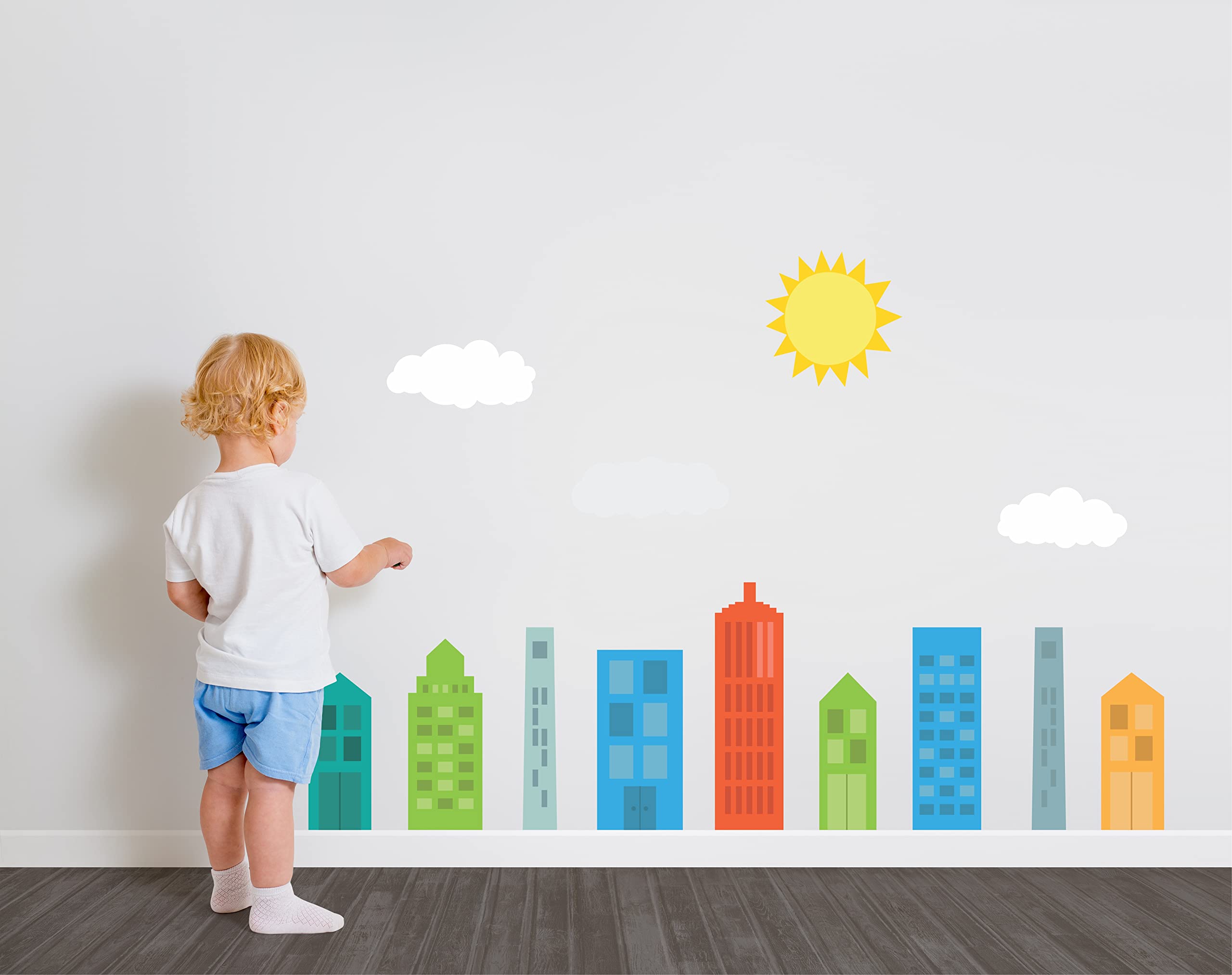 Wallency City Wall Decal - Fabric Wall Decal - Colorful Skyscraper Buildings, Clouds and Sun Wall Stickers for Kids Room, Nordic Nursery - Peel and Stick, Removable Wall Stickers (Small)