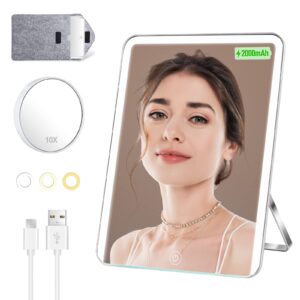 m mivonda lighted makeup vanity mirror with dimmable 3 color lights, rechargeable 2000mah batteries and detachable 10x mangifying mirror, large lightweight compact led travel mirror (silver)