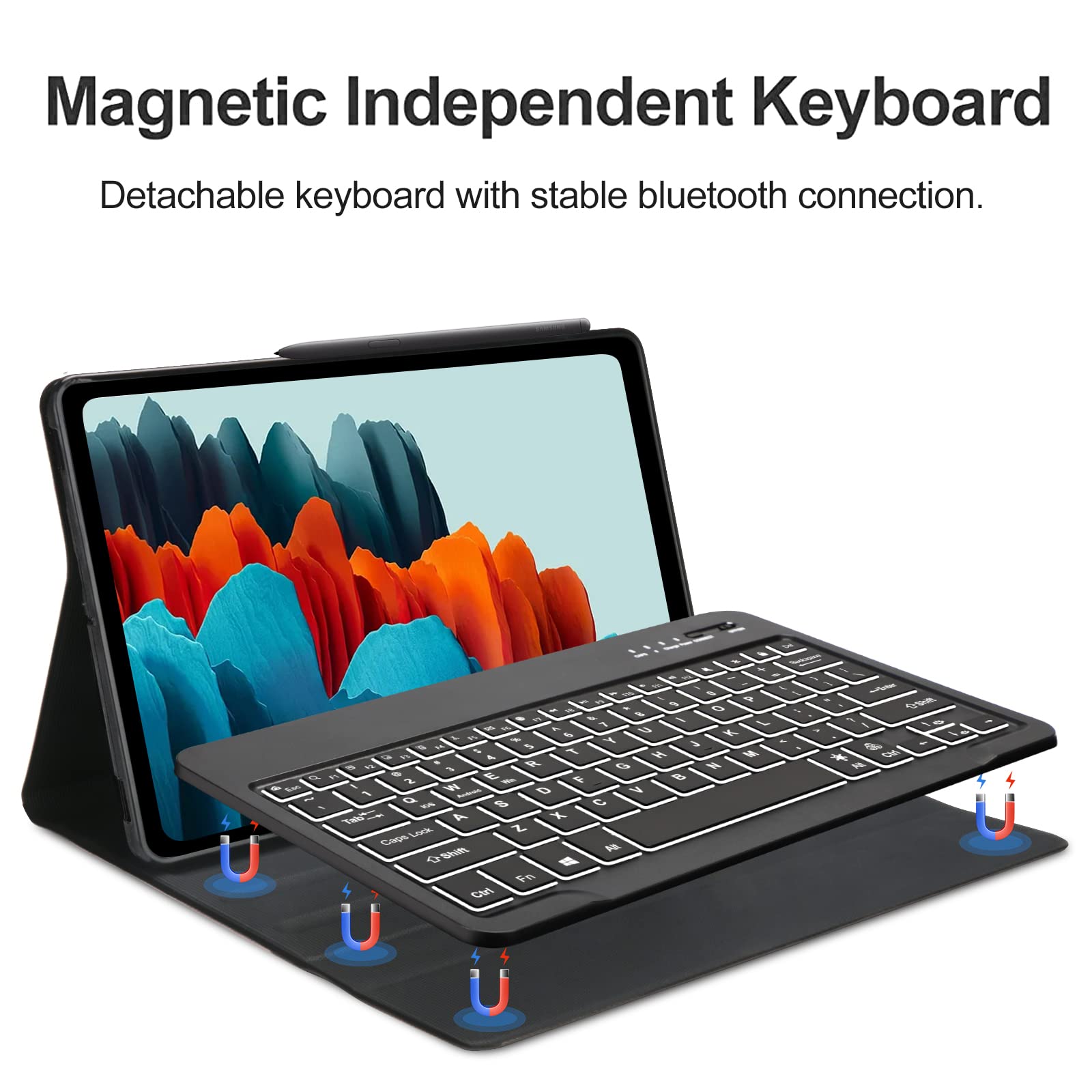 Keyboard Case for Samsung Galaxy Tab S7 FE/S8 Plus/S7 Plus 12.4 Inch, 7-Color Backlit, Smart Magnetic Detachable Wireless Bluetooth Keyboard, Slim Protective Cover with S Pen Holder, Auto Sleep/Wake