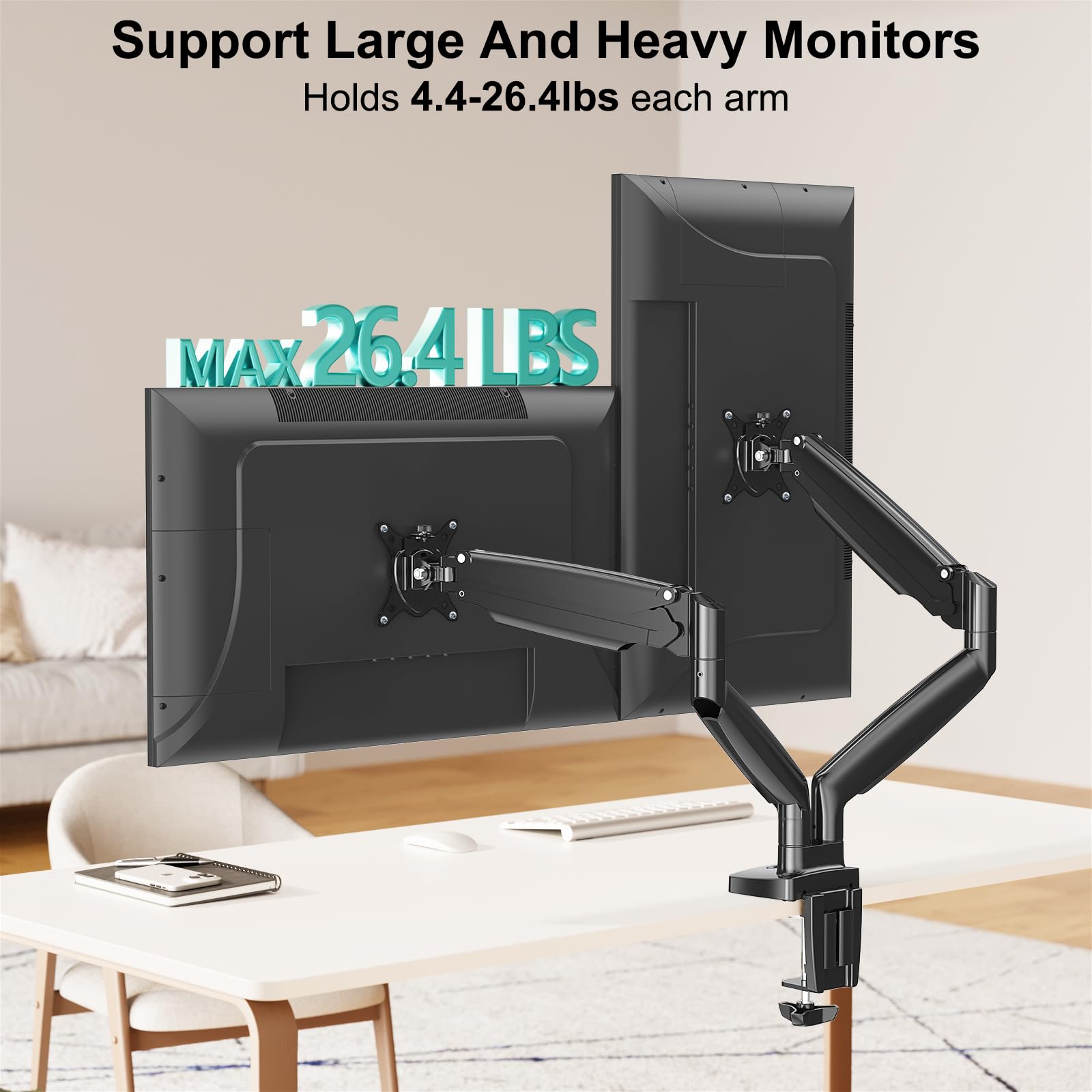 MOUNT PRO Dual Monitor Desk Mount fits 22” to 35” Ultrawide Computer Screen, Holds up to 26.4lbs Each, Fully Adjustable Long Monitor Arm for Two Monitors, Gas Spring Monitor Stand, 100x100 VESA Mount