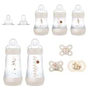 mam newborn essentials "baby essentials" matte gift set (10-piece), easy start anti-colic baby bottles, baby pacifiers