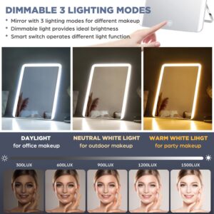 M MIVONDA Lighted Makeup Vanity Mirror with Dimmable 3 Color Lights, Rechargeable 2000mAh Batteries and Detachable 10X Mangifying Mirror, Large Lightweight Compact LED Travel Mirror (Silver)