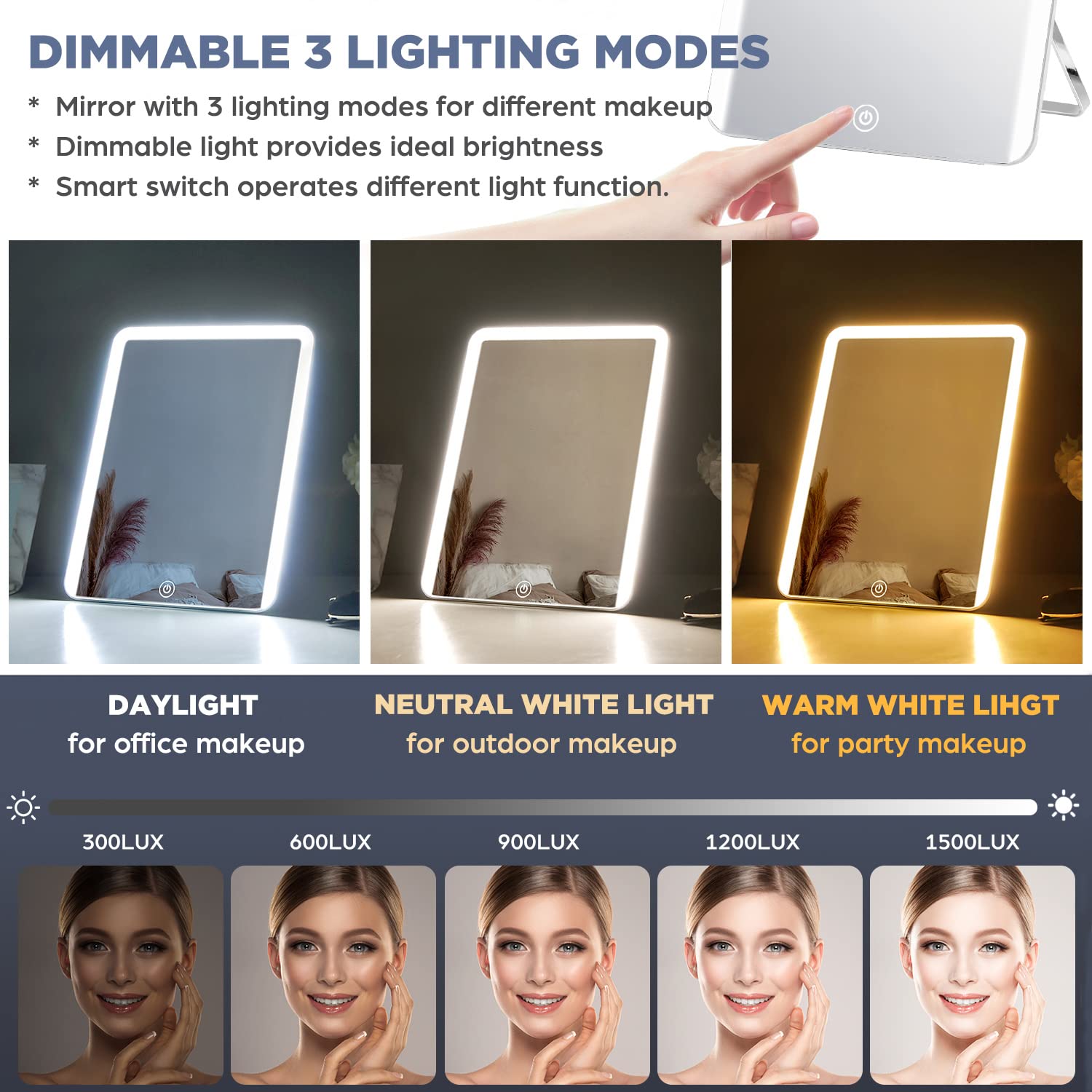 M MIVONDA Lighted Makeup Vanity Mirror with Dimmable 3 Color Lights, Rechargeable 2000mAh Batteries and Detachable 10X Mangifying Mirror, Large Lightweight Compact LED Travel Mirror (Silver)